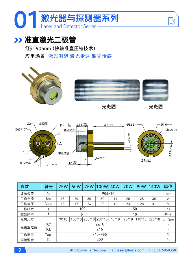 905nm 15W 25W 50W 75W 100W MCL准直激光二极管 三条斑 - 镭尔特光电